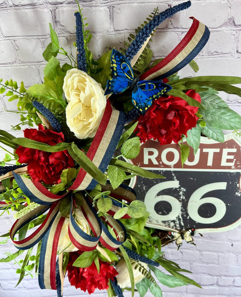 Route 66 Patriotic Wreath: Americana Front Door Decor With Metal Sign ...