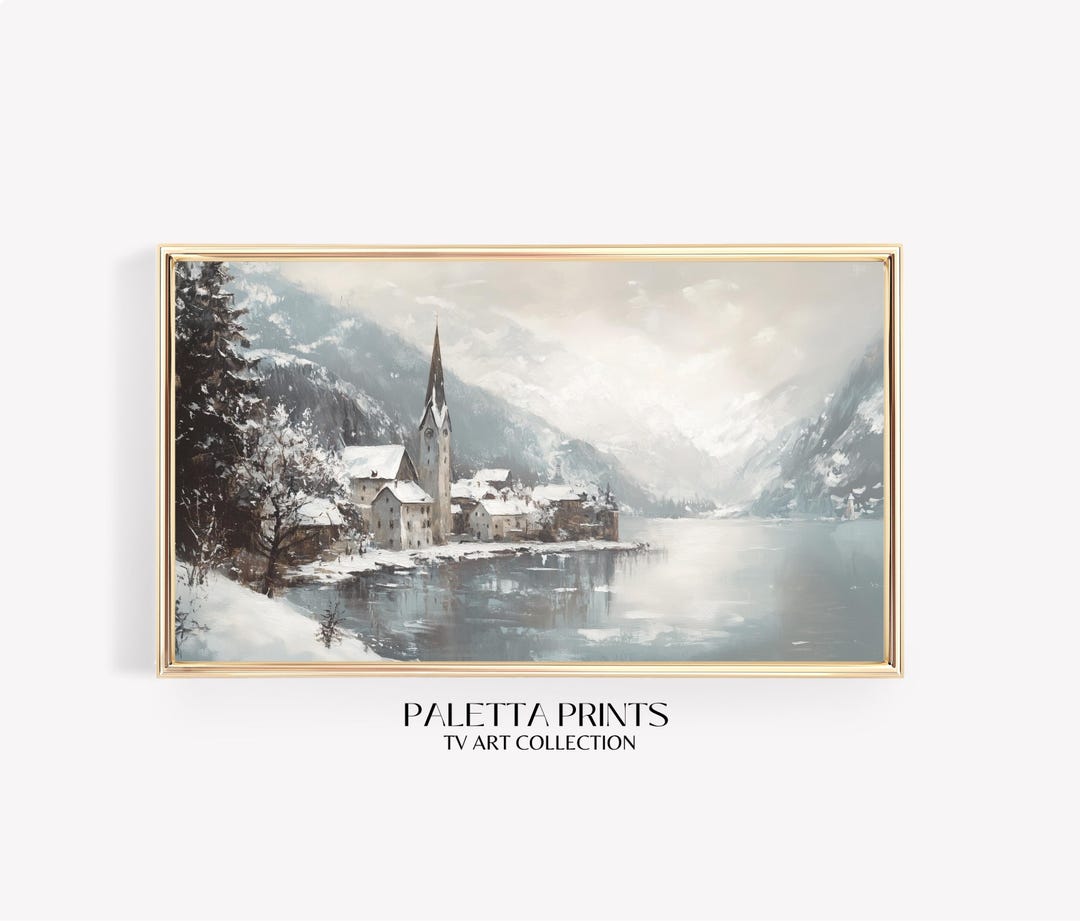 Aesthetic Snowy Alpine Village Serene Lake Winter Landscape Painting ...
