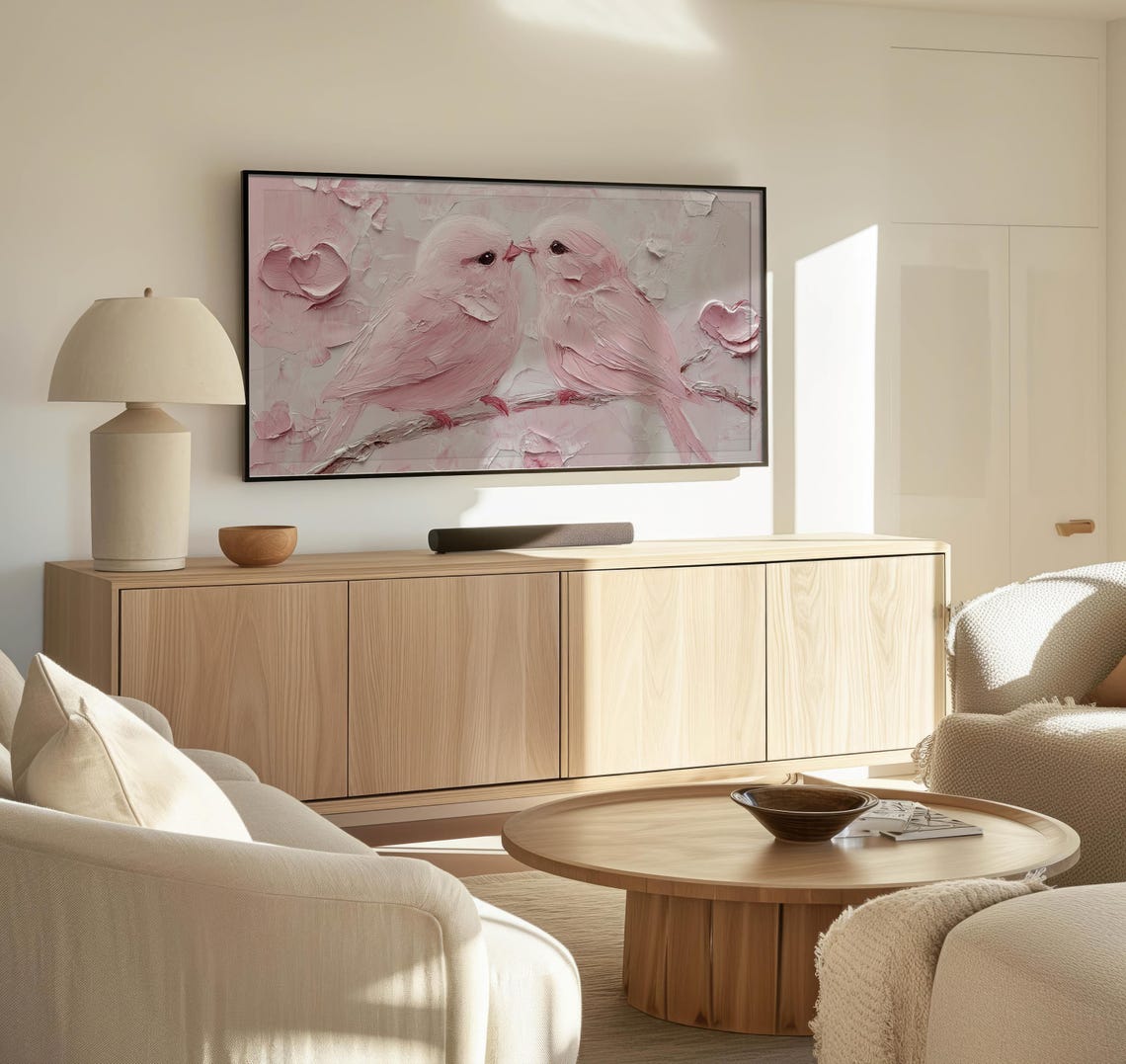 Blush Pink Lovebirds Frame TV Art, Romantic Digital Painting for ...