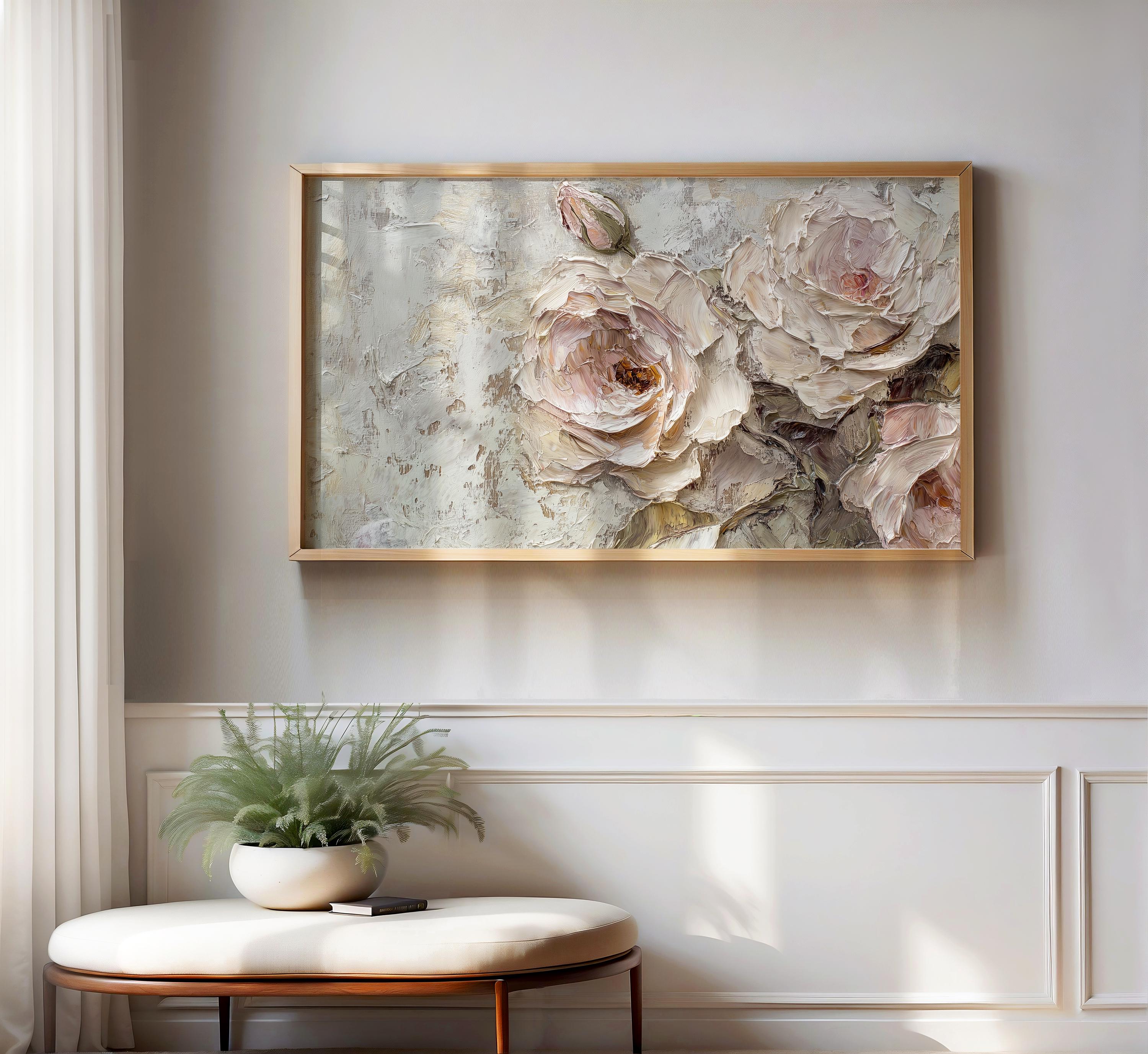 Textured Neutral Roses Frame TV Art, Digital Peony Painting, Samsung ...