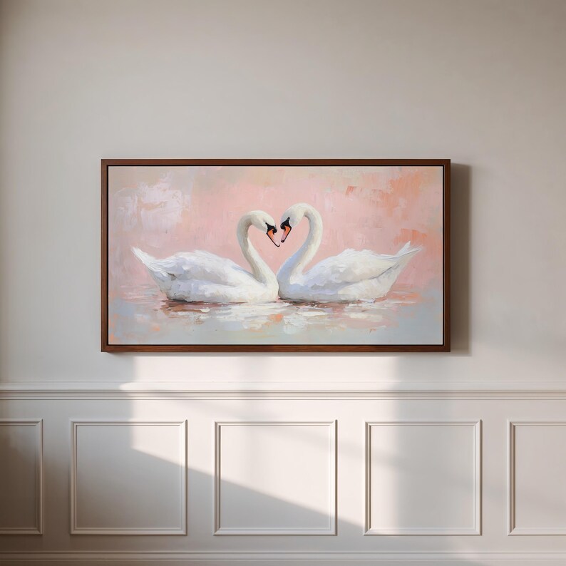 Cute Romantic Swan Pair Painting Frame TV Art, Pastel Pink Watercolor ...