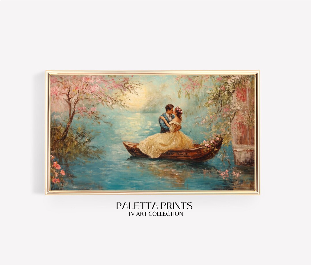 Romantic Boat Ride Painting Frame TV Art, Vintage Couple on Serene Lake ...