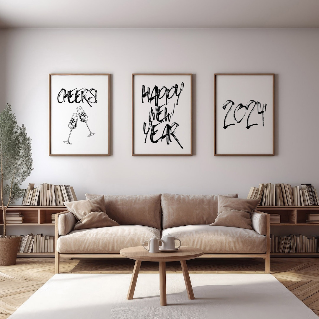 New Year Wall Art Set of 3, New Year's Eve Black and White Wall Art ...