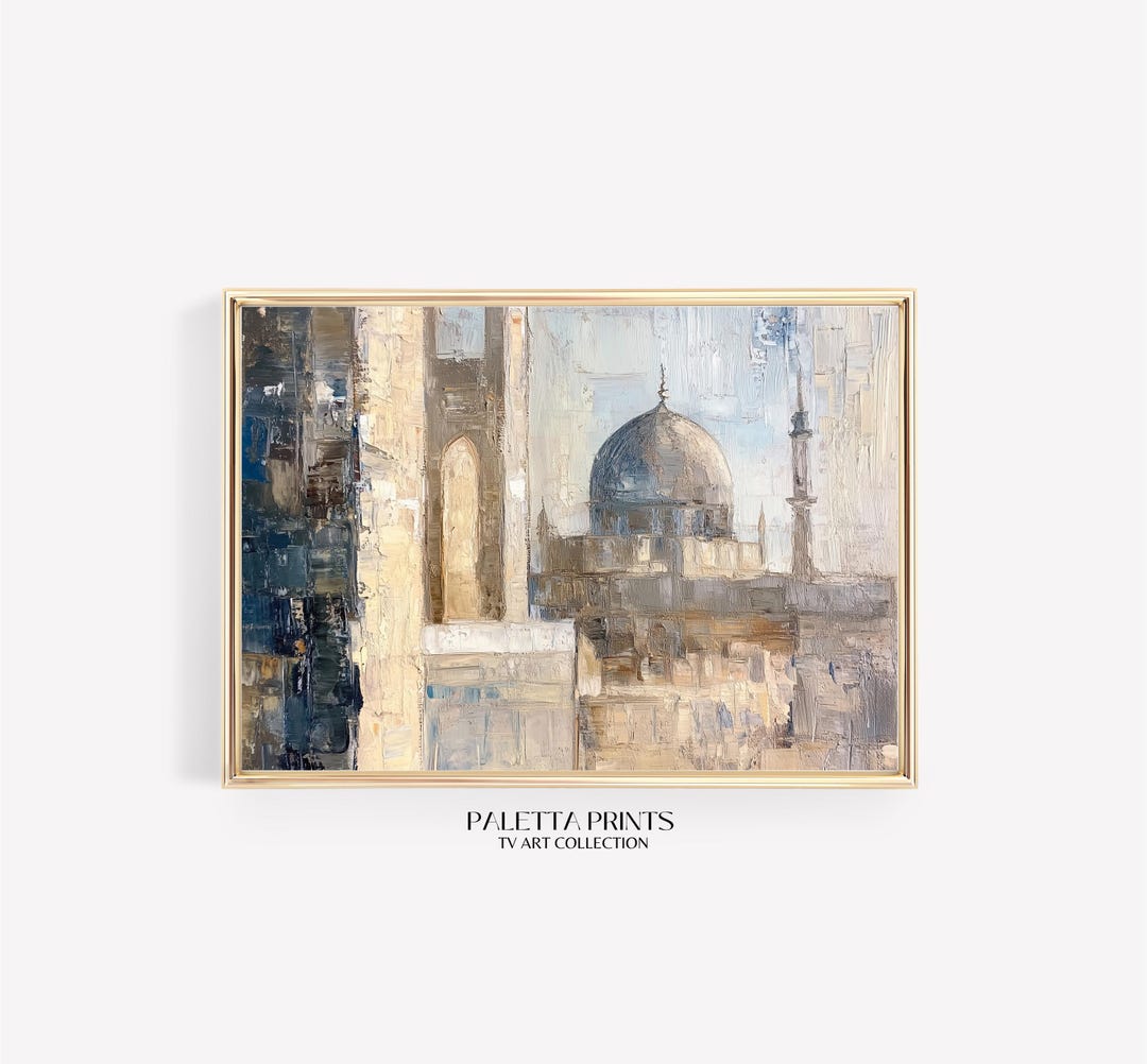 Islamic Mosque Painting Wall Art Textured Oil Beige Blue Minaret Dome ...