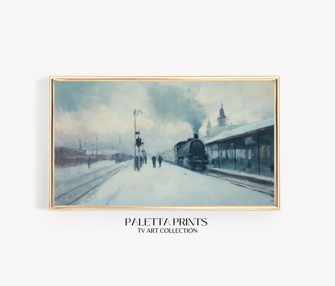 Vintage Winter Train Station Frame TV Art Steam Locomotive Snow Digital ...