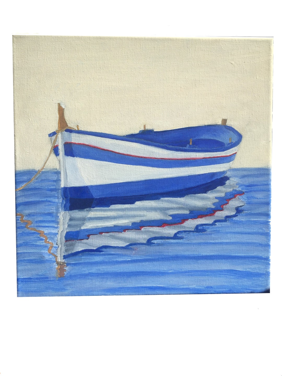 Blue Boat Painting on Canvas - Etsy