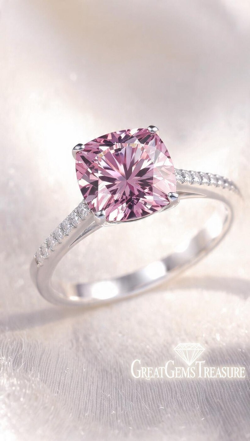 5 Ct Cushion Cut Pink Diamond Ring | Sterling Silver Engagement Ring ...