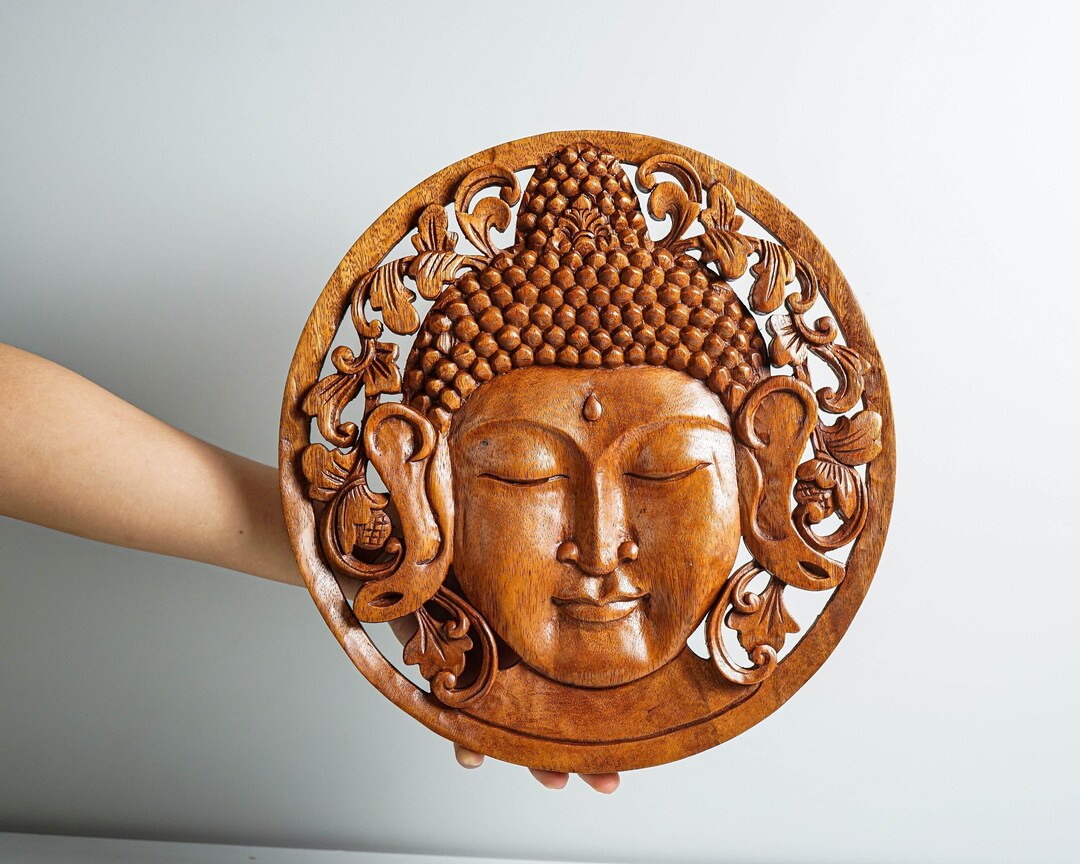 Buddha Head Hanging Statue, Wooden Buddha Wall Decor, Hanging Buddha ...