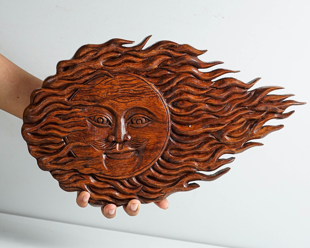 Wooden Sun Face Wall Decor, Wood Carving, Wall Art, Sun Face Figurine ...