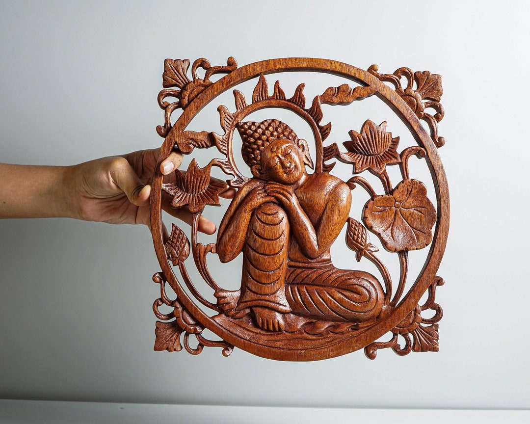 Resting Buddha Wall Figurine, Woodcarving, Hanging Buddha Statue ...