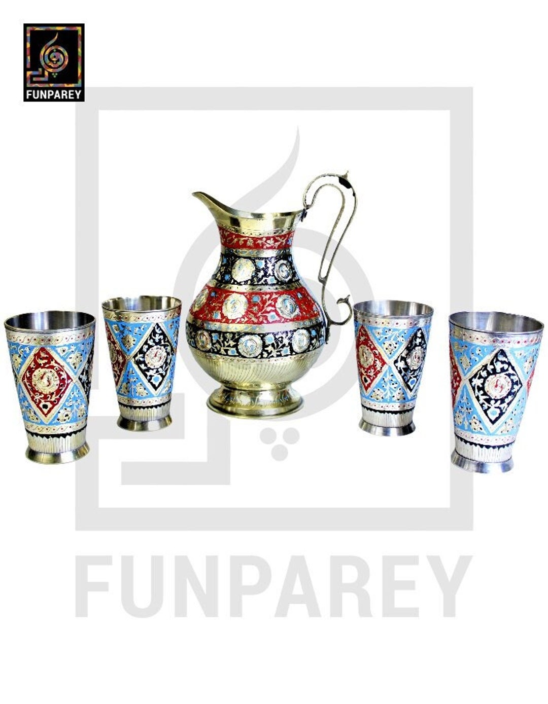 Antique Brass Jug Set With Colored Motif - Etsy