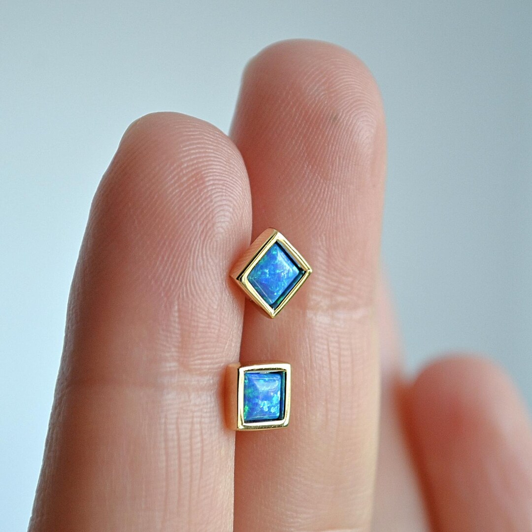 Blue Opal Square Stud Earrings, Natural Opal, 925 Sterling Silver, 18k ...