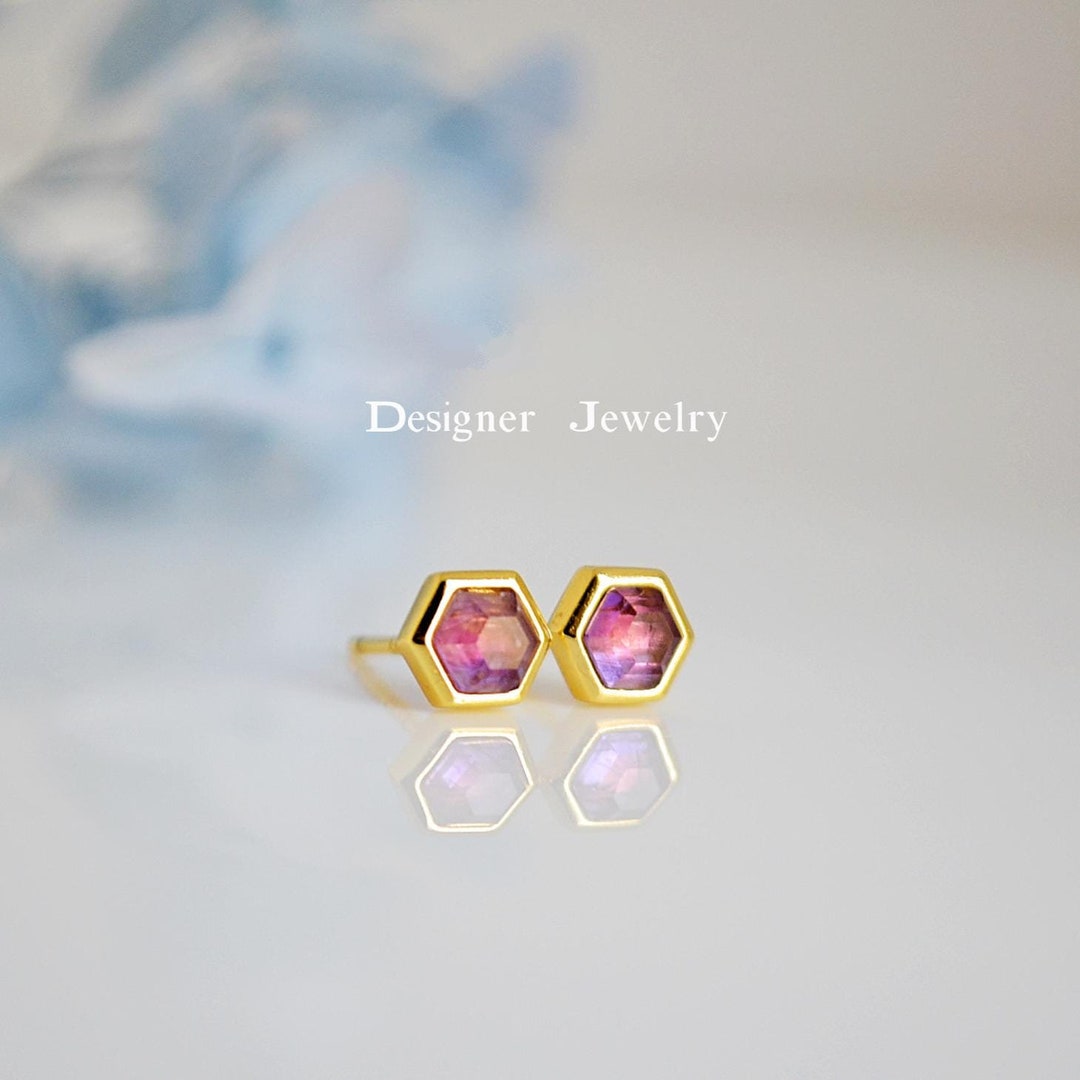 Hexagon Stud Earrings With Natural Amethyst, Minimal Geometric Studs ...