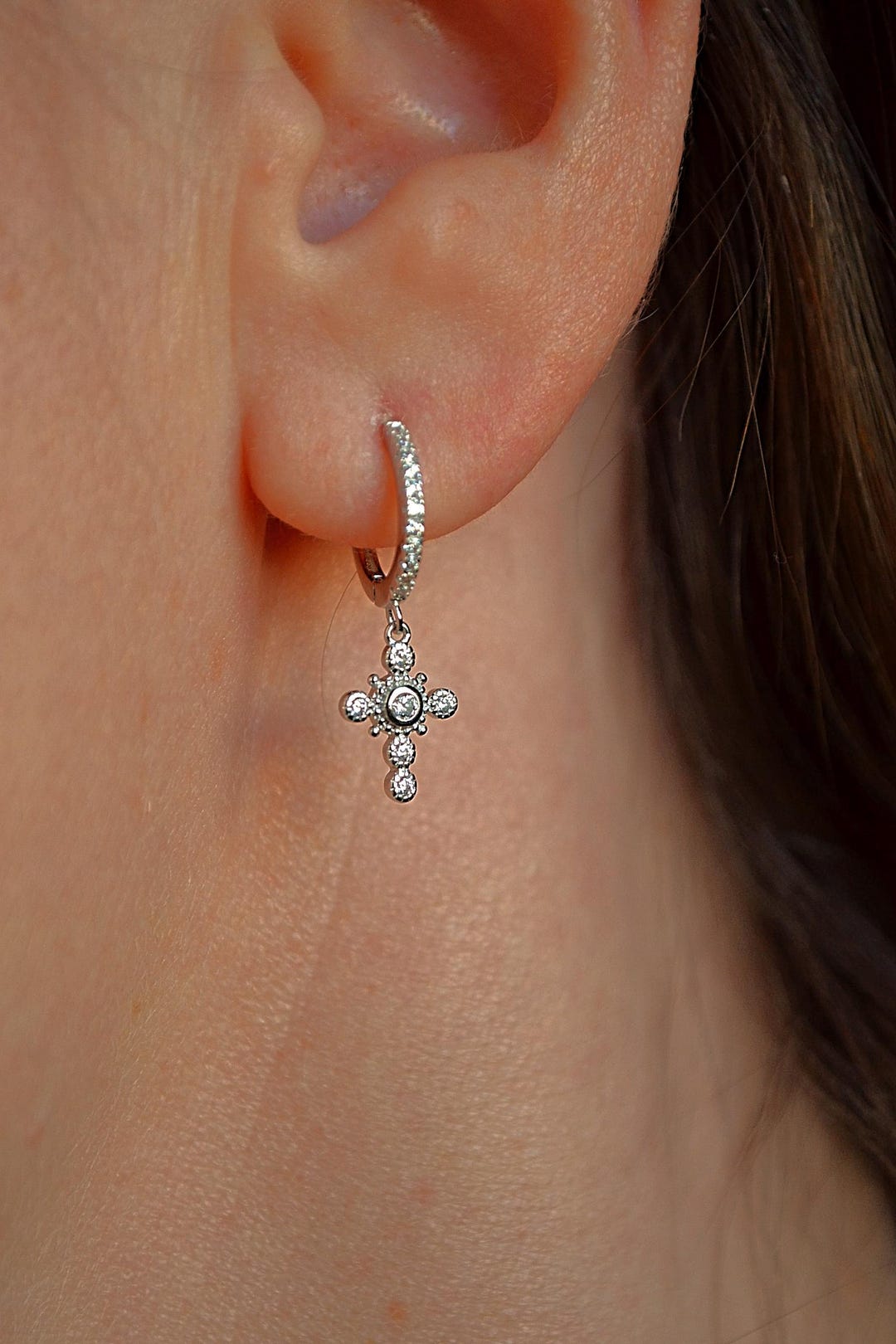 Gold Plated Cross Hoop Earrings With Cubic Zirconia, Small Dangle Cross ...