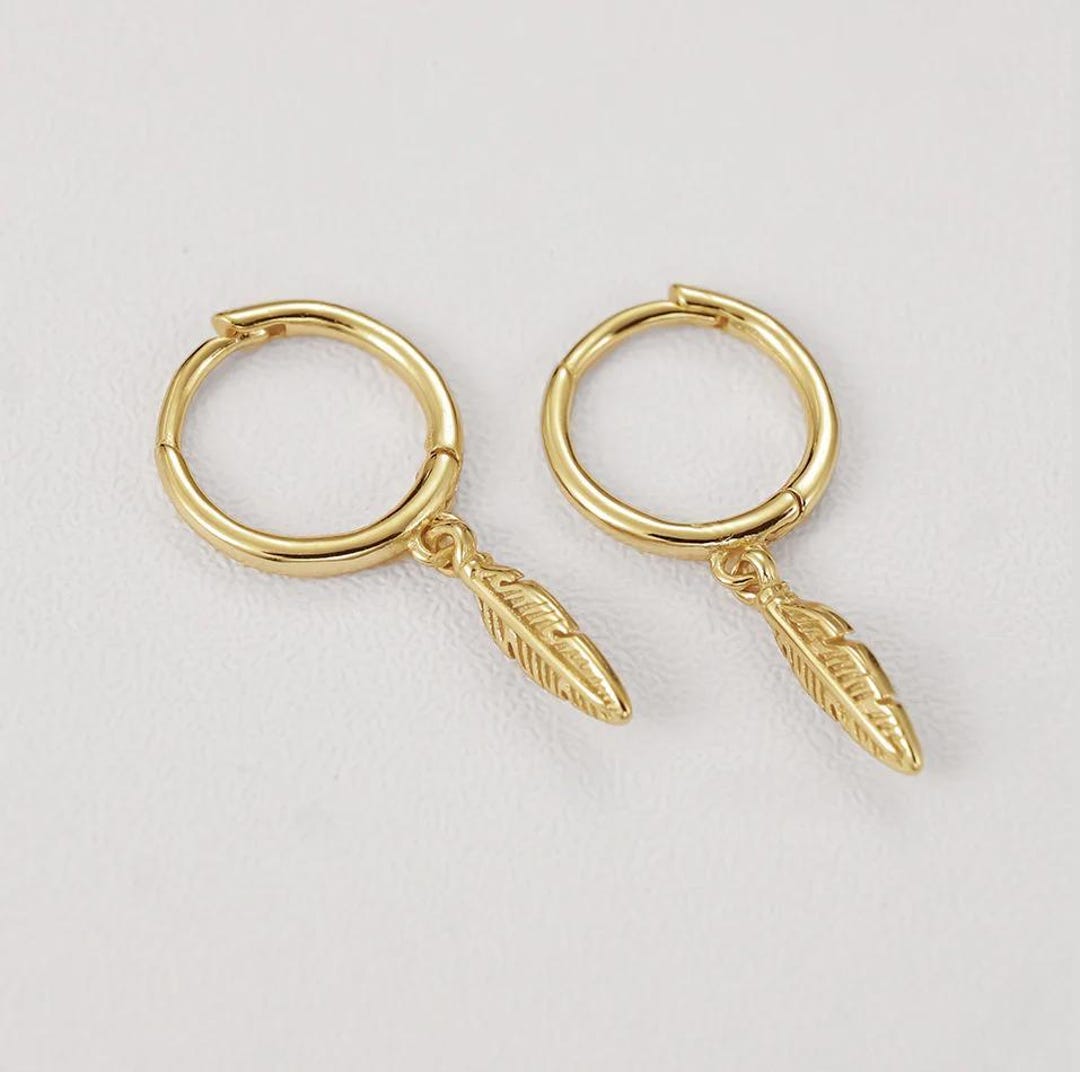Feather Hoop Earrings, 925 Sterling Silver, Gold or Silver Plated Small ...