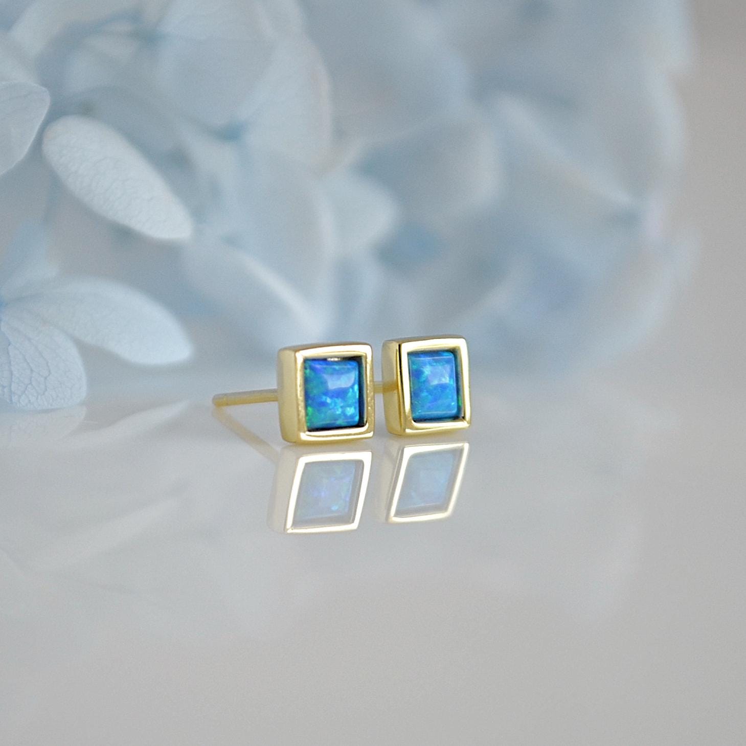 Blue Opal Square Stud Earrings, Natural Opal, 925 Sterling Silver, 18k ...
