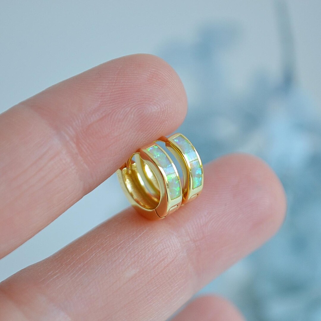 Opal Huggie Hoop Earrings – Gold Plated Sterling Silver Hoops, Natural ...