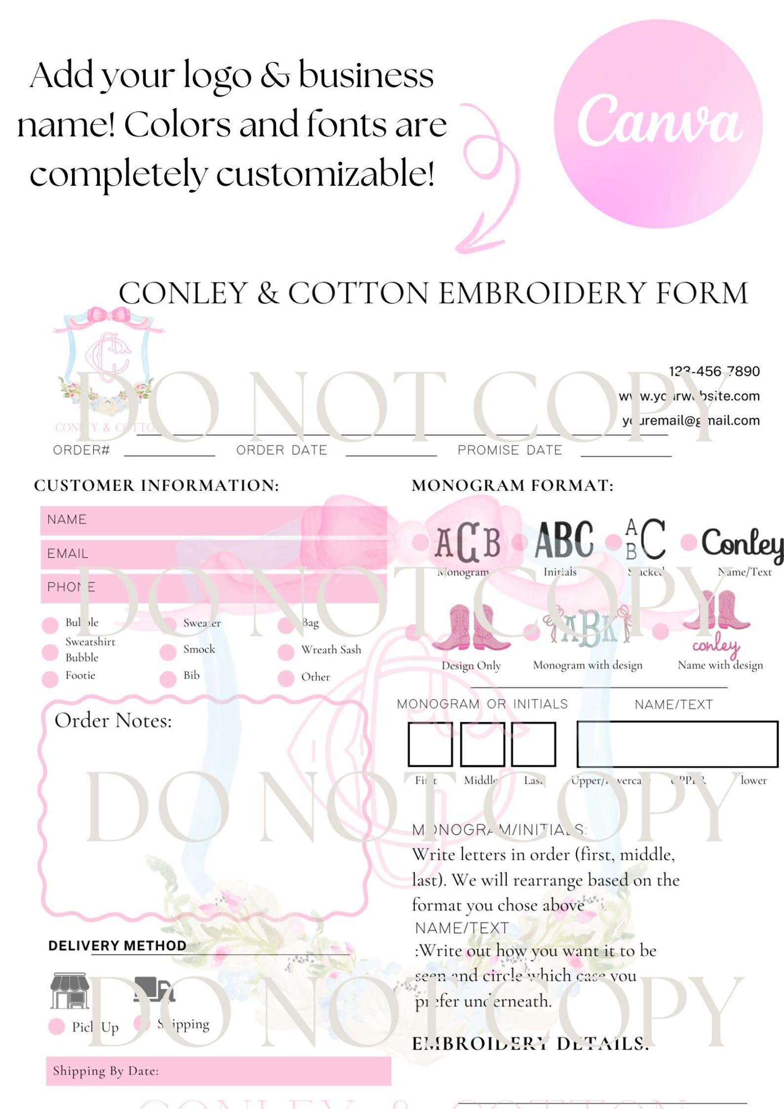 Embroidery Order Form Template Editable and Printable Embroidery Order ...