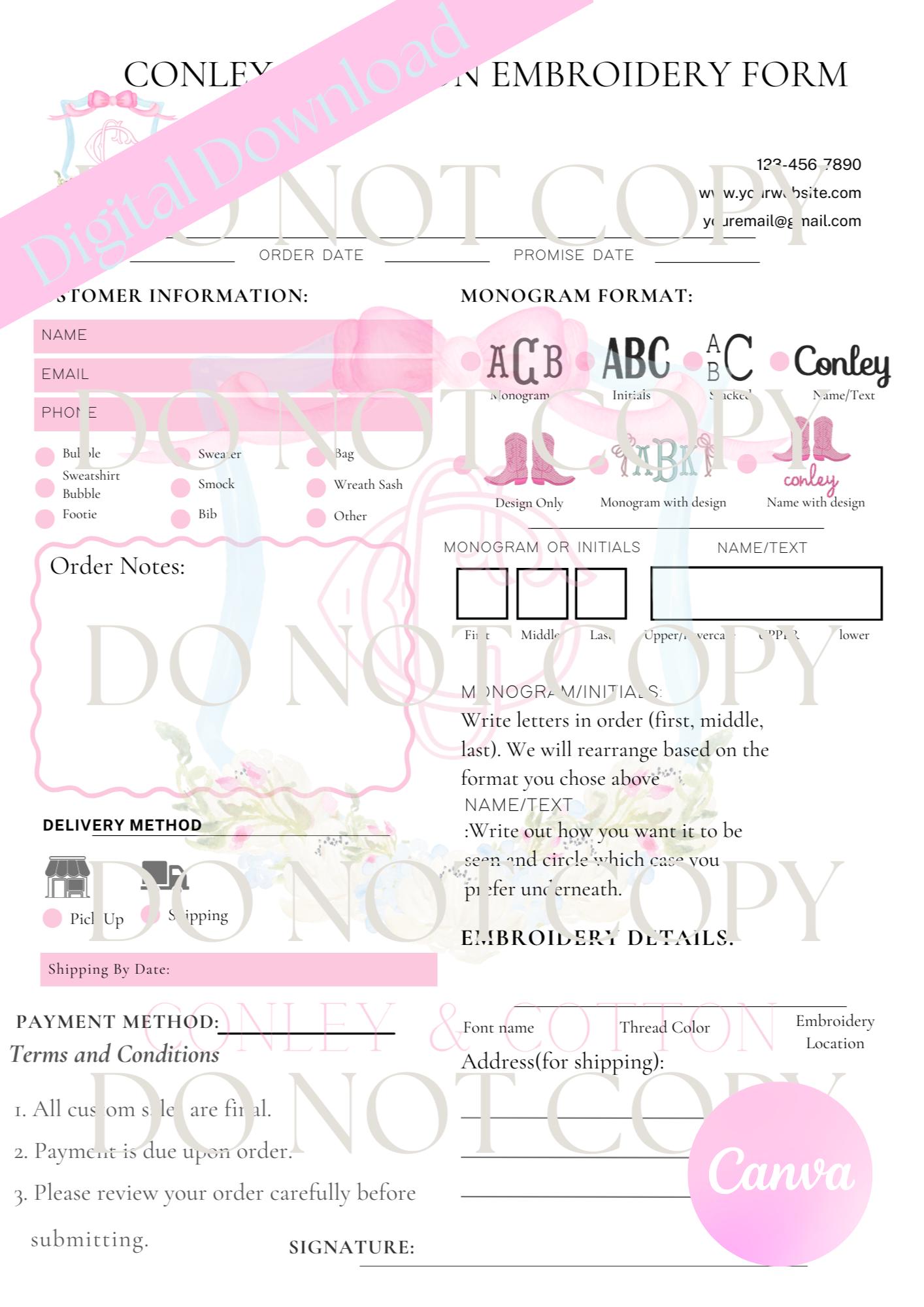 Embroidery Order Form Template Editable and Printable Embroidery Order ...