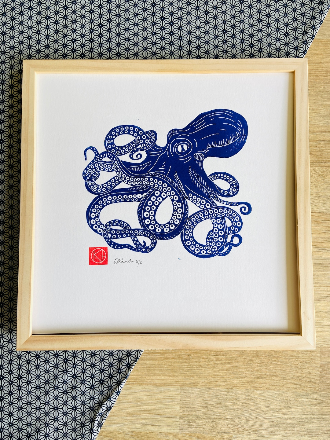 Handmade Linocut Blue - the Blue Octopus - Brittany - Sea-linoprint ...
