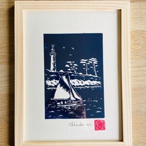 Handmade Linocut Blue the Old Rigging Brittany Sea Side-linoprint ...