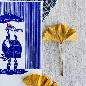 Linocut Blue SAILOR SEAGULL Under the Rain - Funny Linocut - Brittany ...