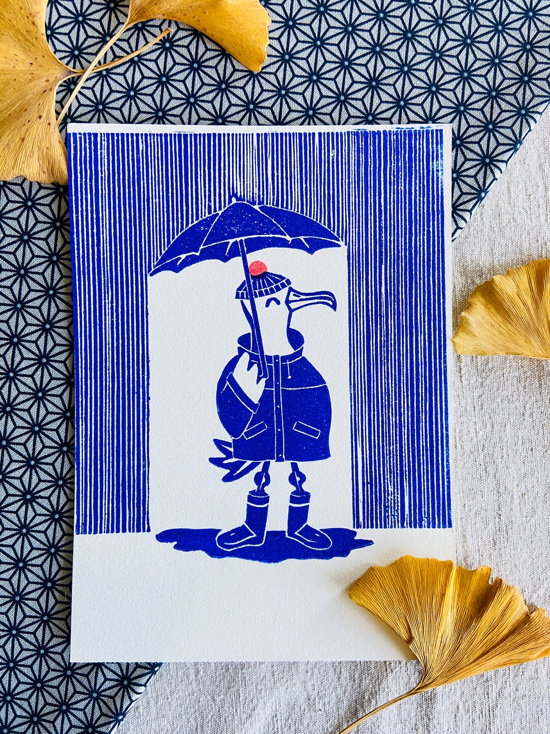 Linocut Blue SAILOR SEAGULL Under the Rain - Funny Linocut - Brittany ...