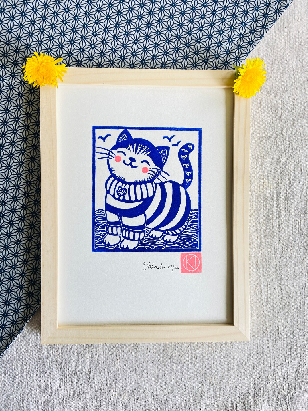 Handmade Sailor Cat - Brittany - Sea-linoprint-linocut-nature-original ...