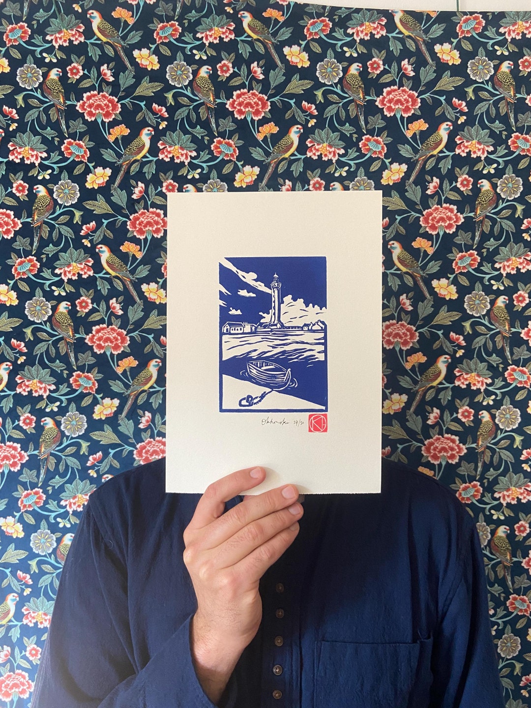 Handmade Linocut Blue - Eckmühl Lighthouse - Brittany - Sea-linoprint ...