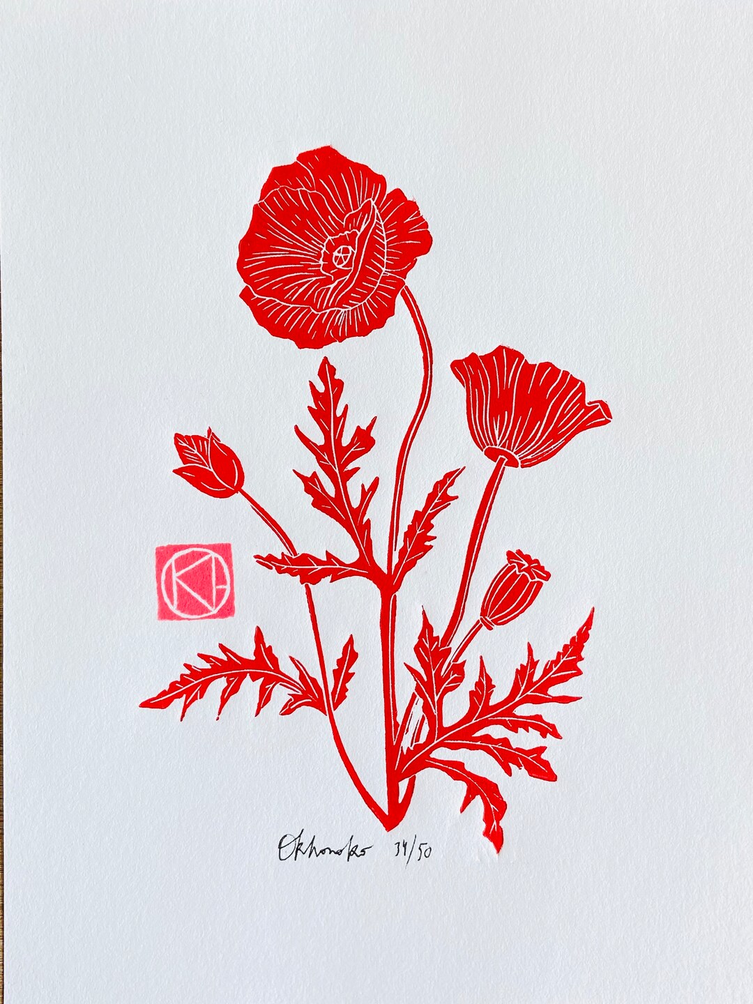 Handmade Linocut - Red Poppies II - Flowers -linoprint-linocut-nature ...