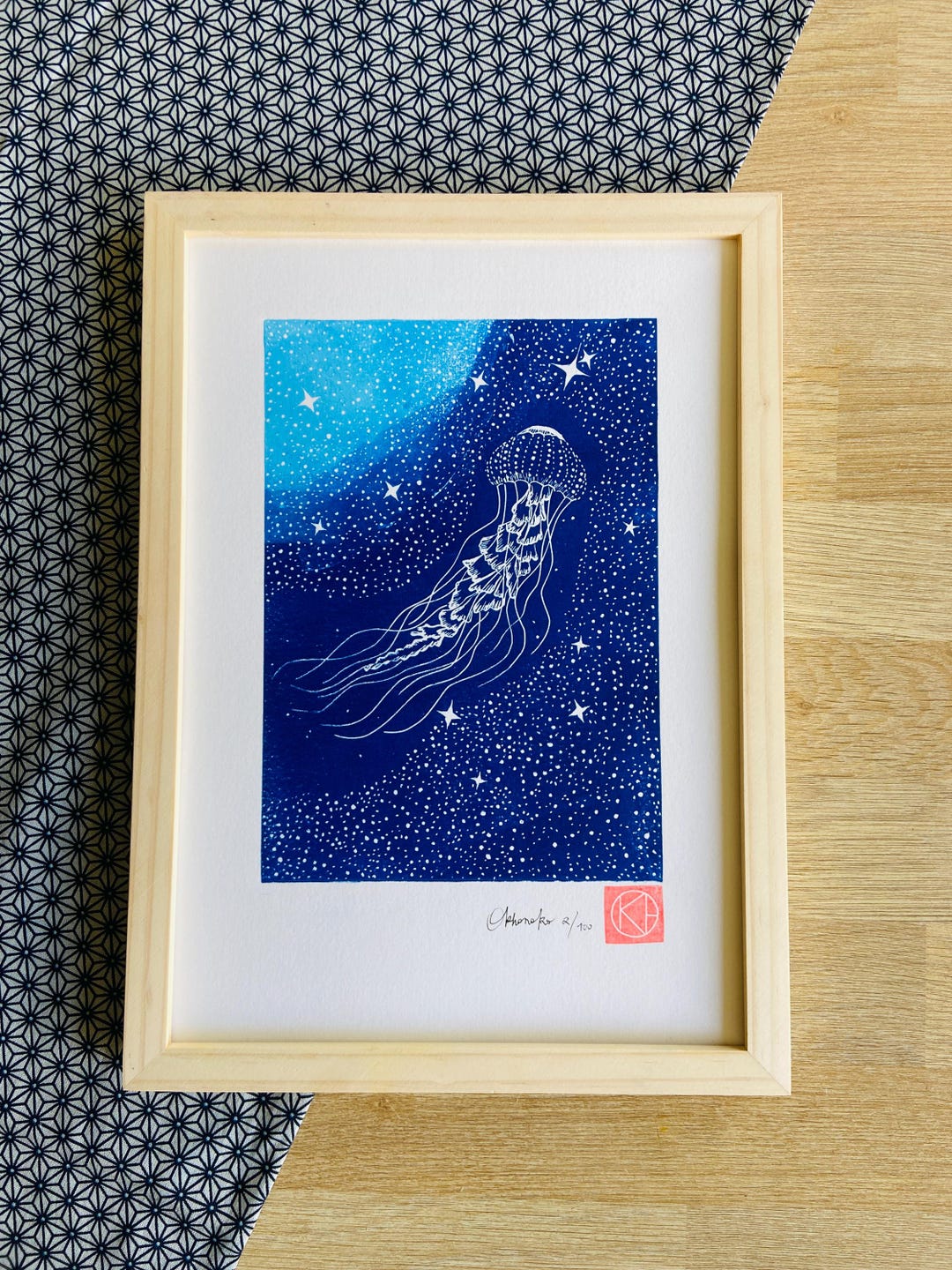 Blue artisanal linocut - Jellyfish dancing with stars on pure white ...