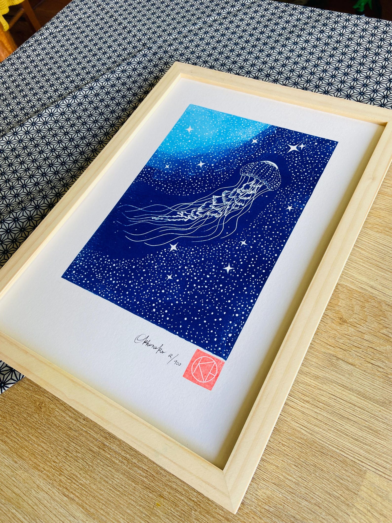 Blue artisanal linocut - Jellyfish dancing with stars on pure white ...