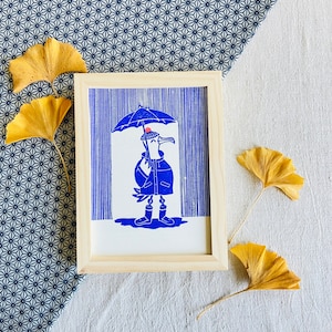 Linocut Blue SAILOR SEAGULL Under the Rain - Funny Linocut - Brittany ...