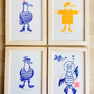 Linocut Blue SAILOR SEAGULL Under the Rain - Funny Linocut - Brittany ...