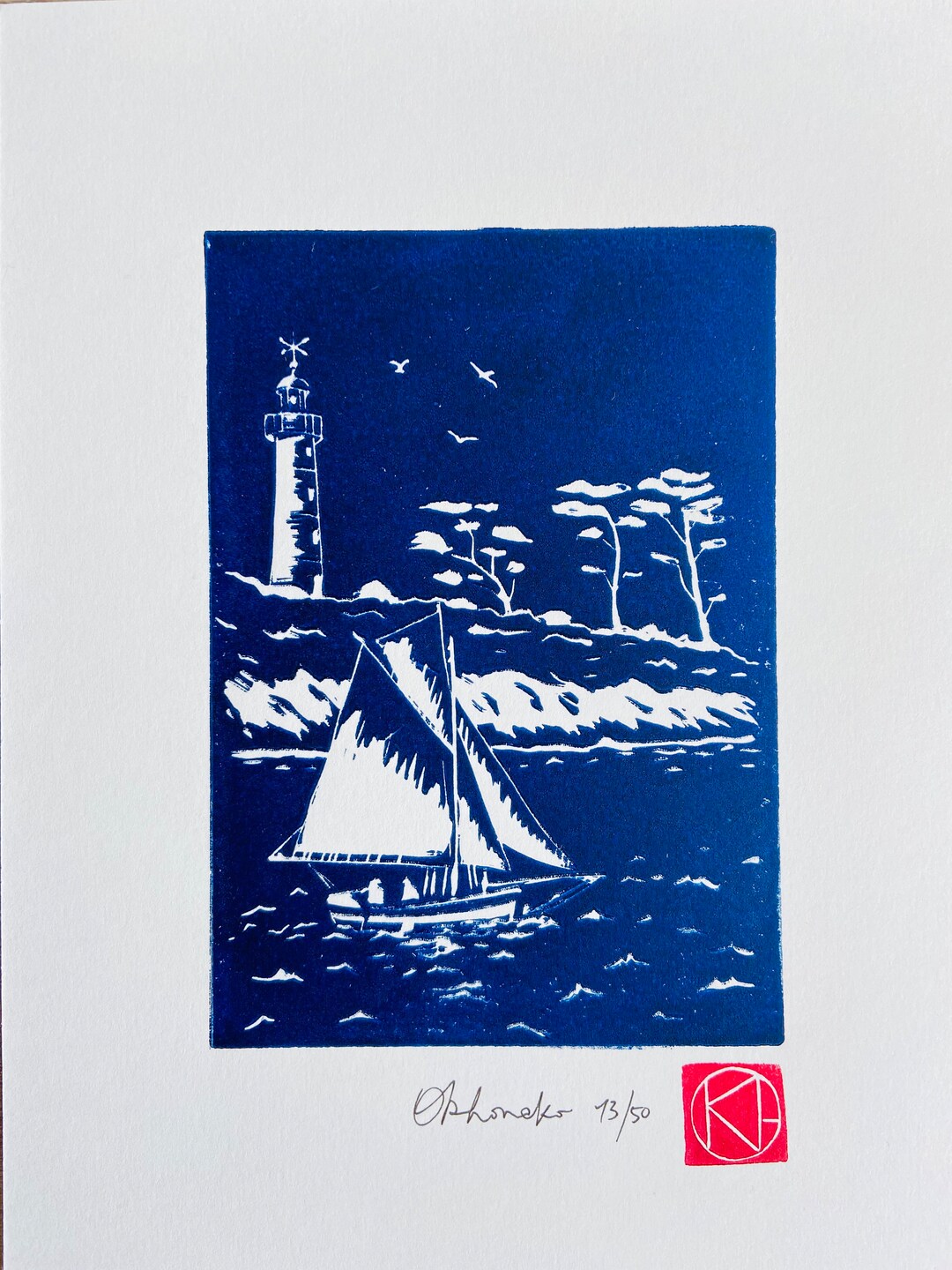 Handmade Linocut Blue the Old Rigging Brittany Sea Side-linoprint ...