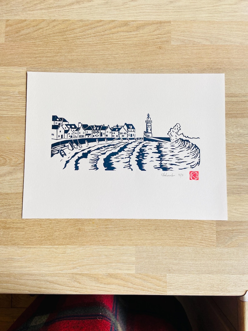 Handmade Linocut Blue - Sein's Island Lighthouse. - Brittany - Sea ...