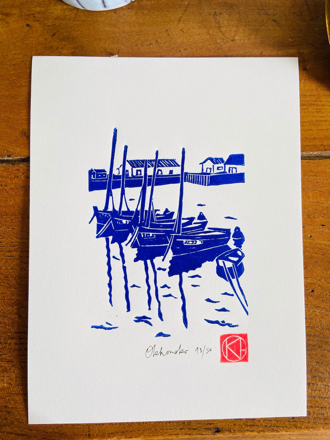 Handmade Linocut Blue Small Boats in Lesconil Brittany Sea-linoprint ...
