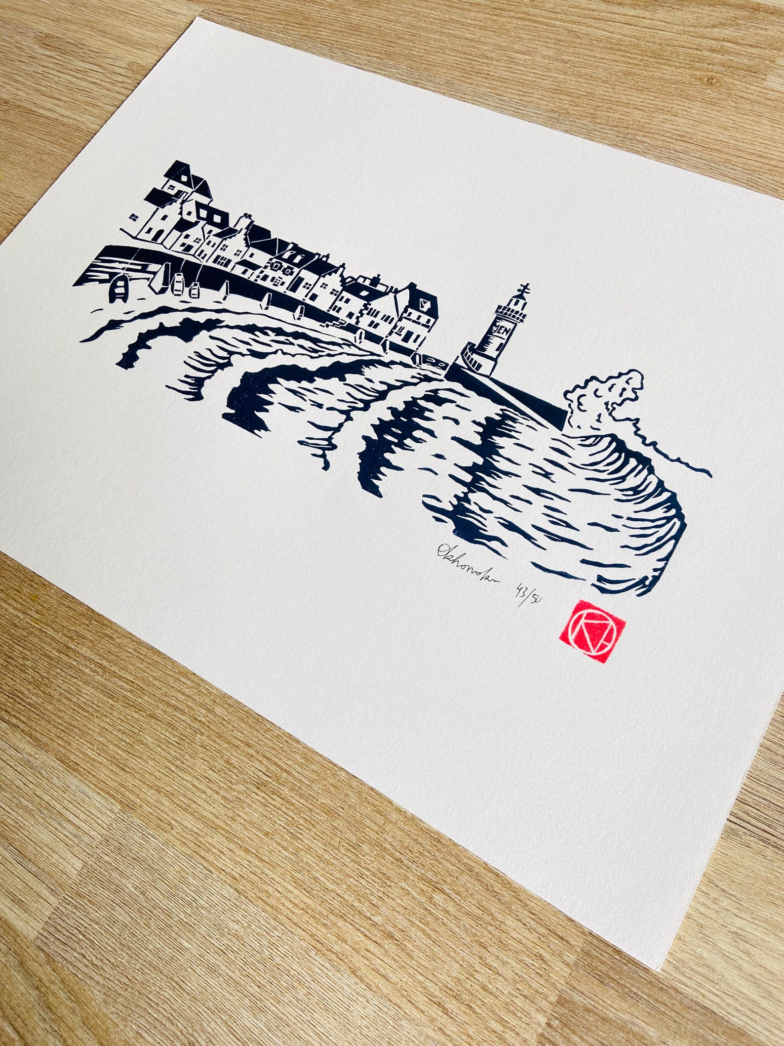 Handmade Linocut Blue - Sein's Island Lighthouse. - Brittany - Sea ...