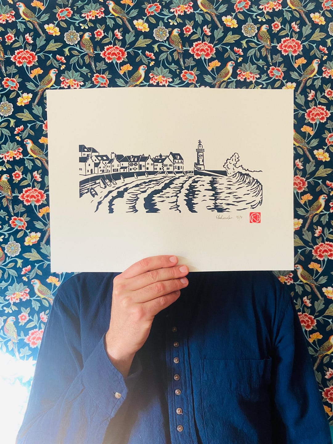 Handmade Linocut Blue - Sein's Island Lighthouse. - Brittany - Sea ...