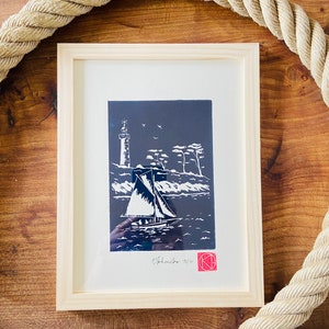 Handmade Linocut Blue the Old Rigging Brittany Sea Side-linoprint ...