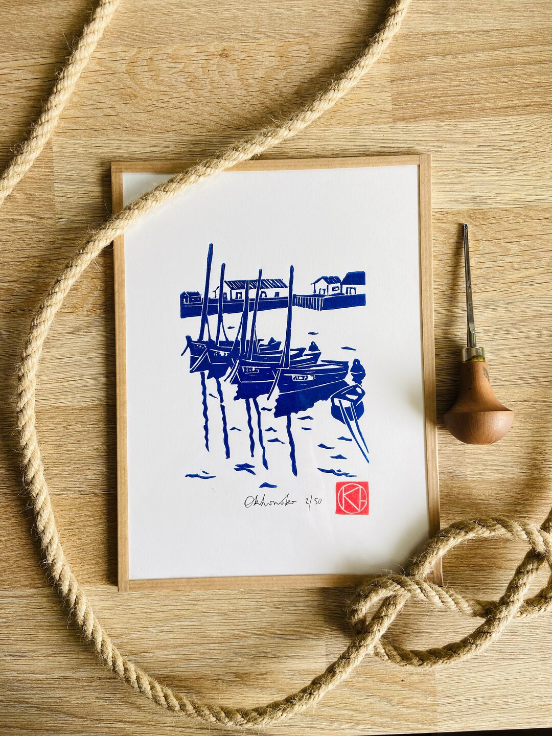 Handmade Linocut Blue Small Boats in Lesconil Brittany - Etsy