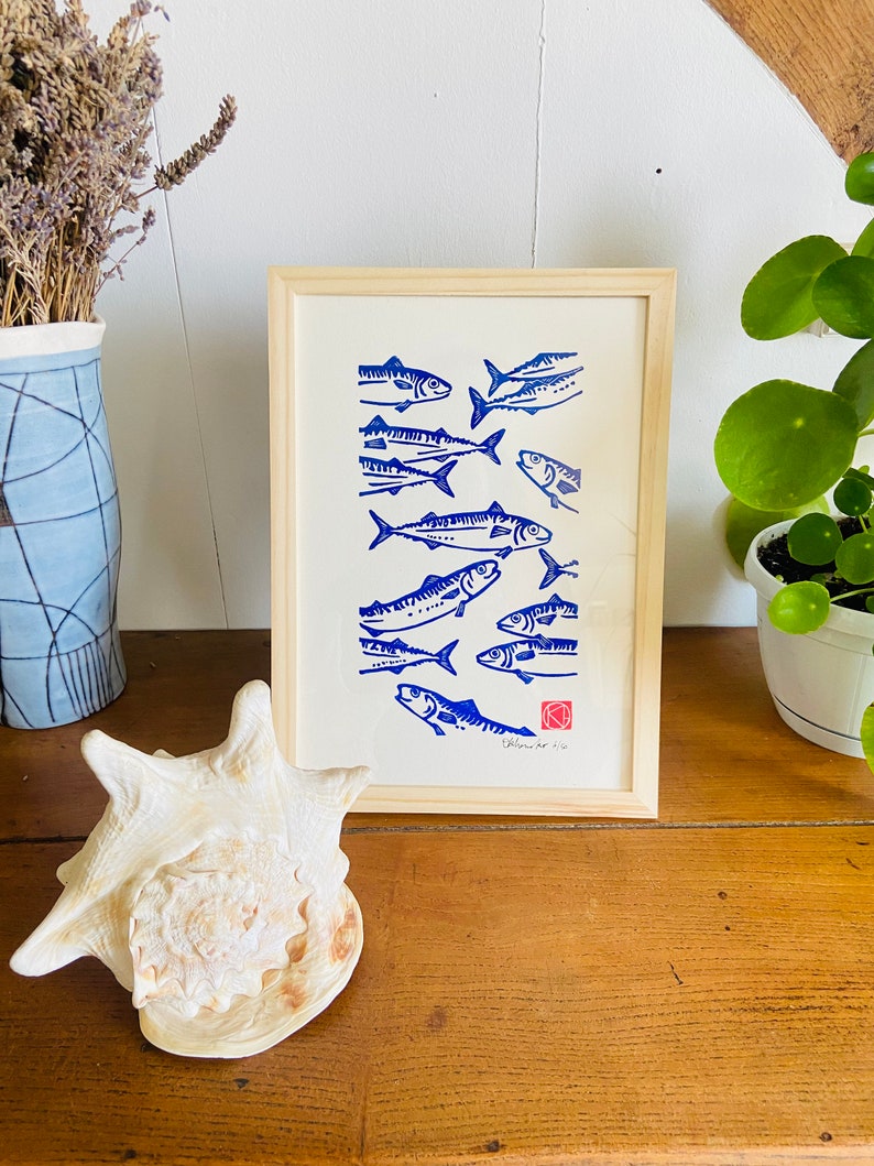 Handmade Linocut - the Mackerel Meeting - Linoprint-linocut-original ...