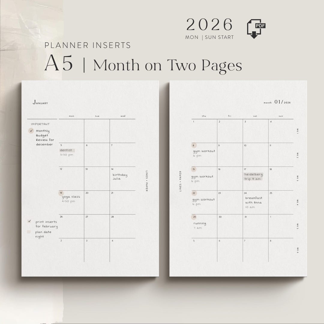 A5 Monthly Planner Inserts 2026 | Monthly Overview | Printable PDF ...