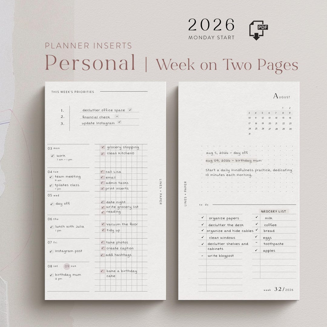 Personal Planner Inserts 2026 | Weekly Horizontal Planner | Filofax ...