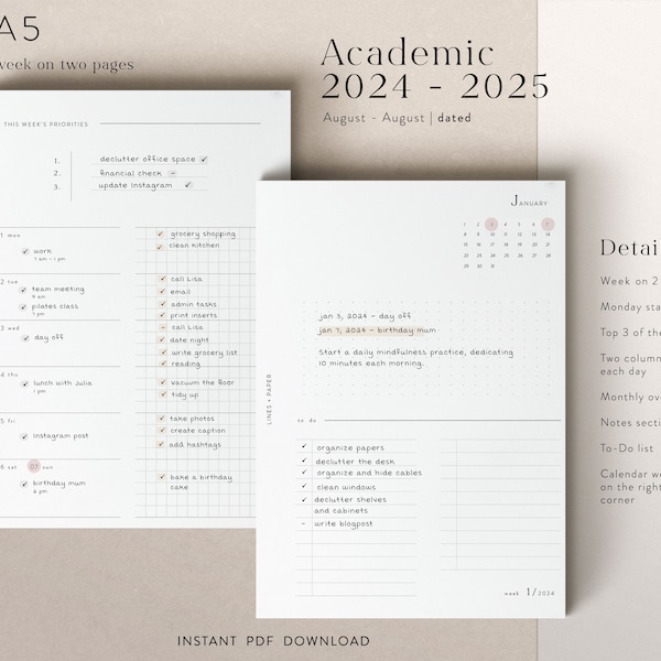 Academic Planner 2024 2025 Inserts - Etsy