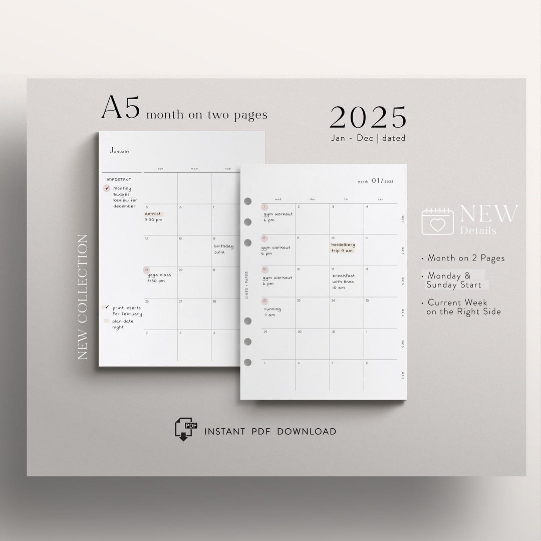 A5 - 2025 Monthly Dated Planner Inserts - Jan-dec - PDF Download ...