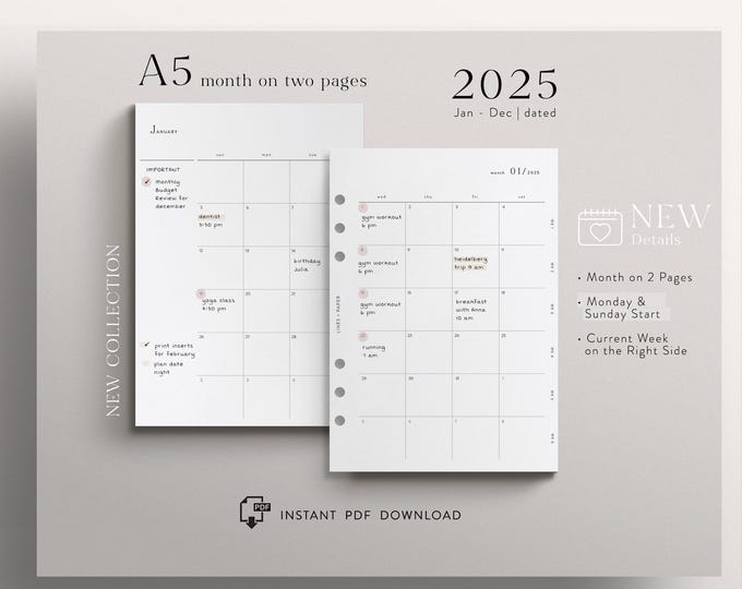 A5 - 2025 Monthly Dated Planner Inserts - Jan-dec - PDF Download ...