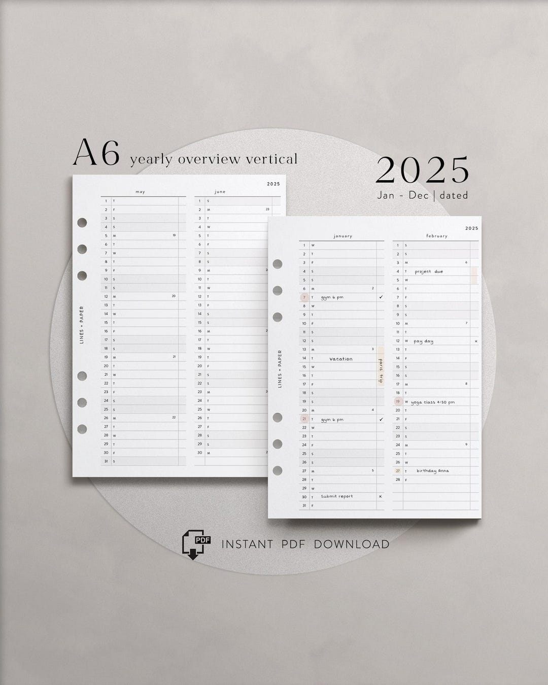 A6 Yearly Overview 2025 | Printable Vertical Calendar Insert | Minimal ...