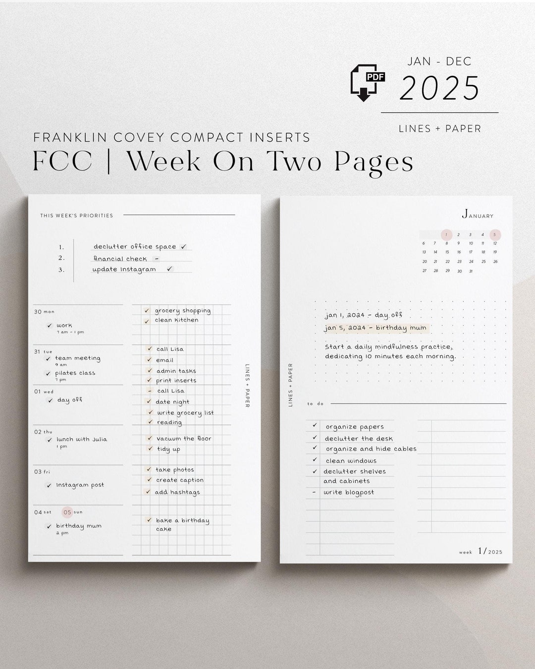 Franklin Covey Compact - 2025 Weekly Planner Inserts - Printable PDF - Functional Design - WO2P ...