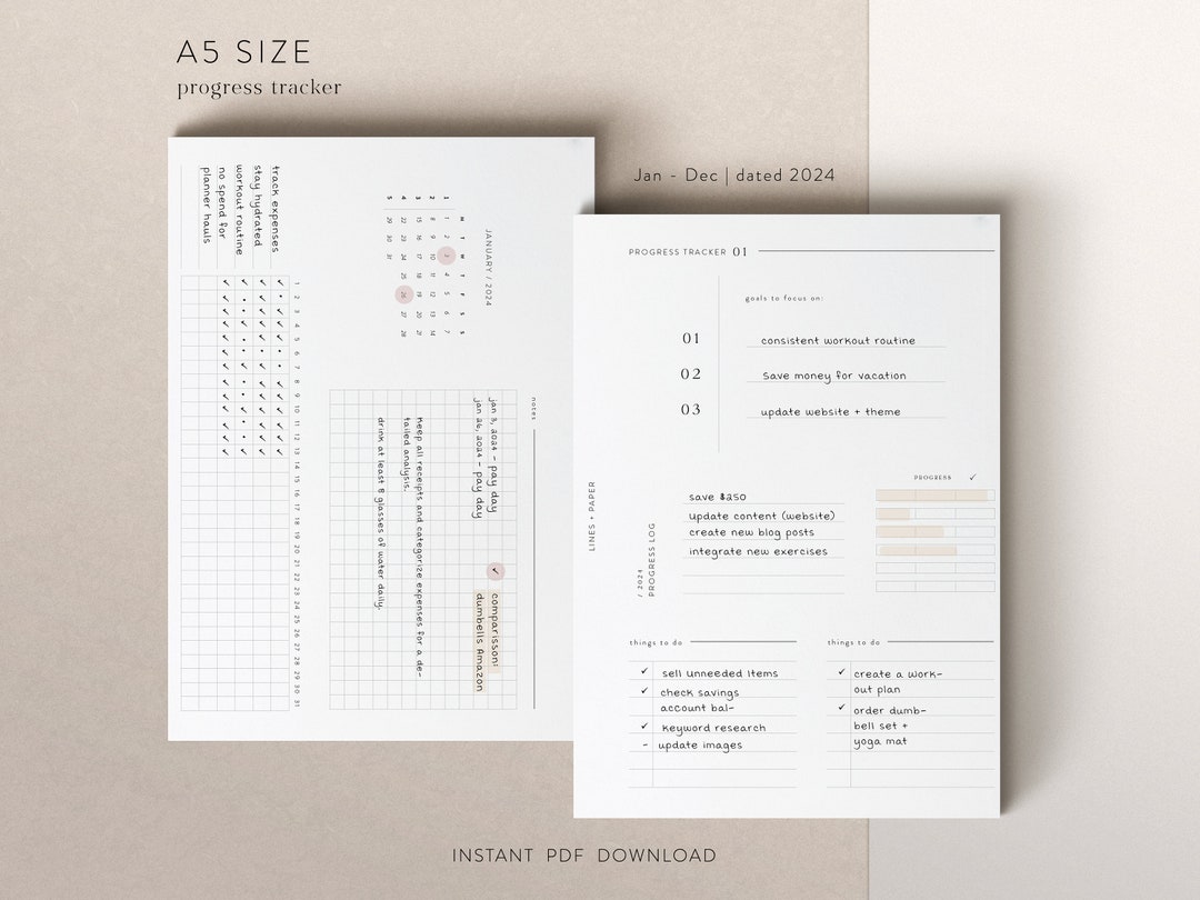 A5 2024 Goal Progress Tracker Printable Planner Insert PDF Download ...